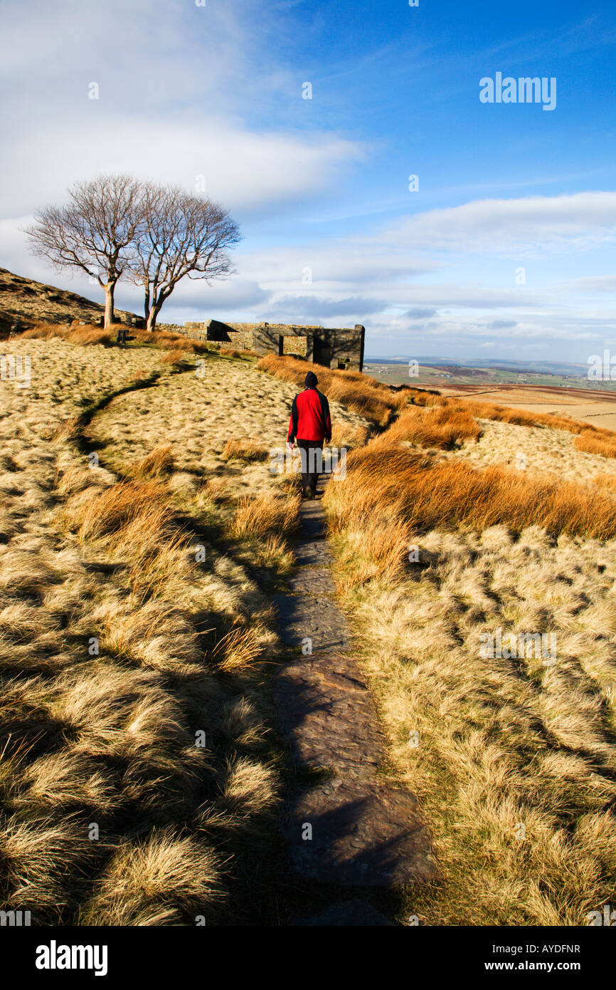 Walker on The Bronte Way at Top Withins Haworth Moor West Yorkshire ...