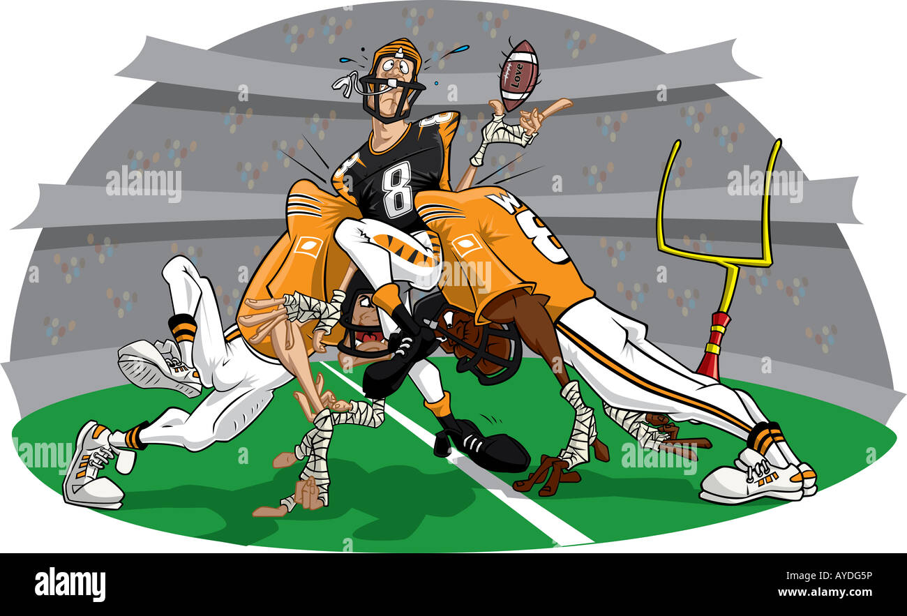 A rush in an American football game. The quarterback suffers Stock ...