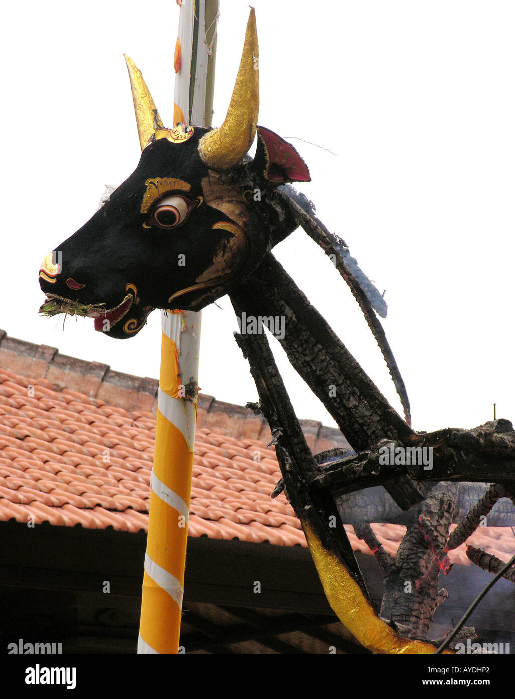 Burning cow shaped sarcophagi at cremation in Ubud Bali Indonesia ...