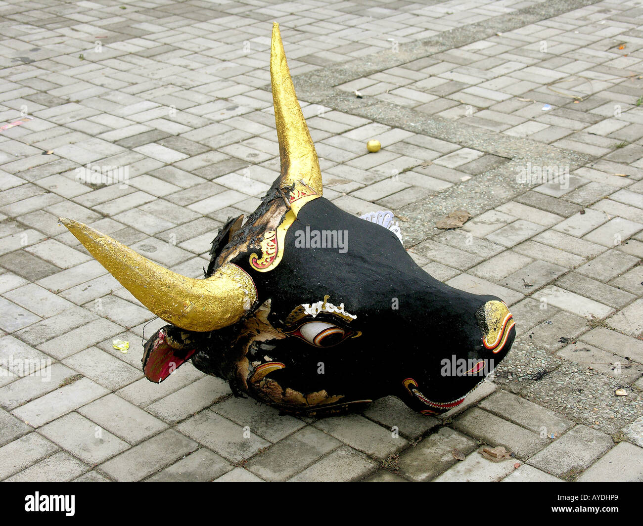 Burning cow shaped sarcophagi at cremation in Ubud Bali Indonesia ...