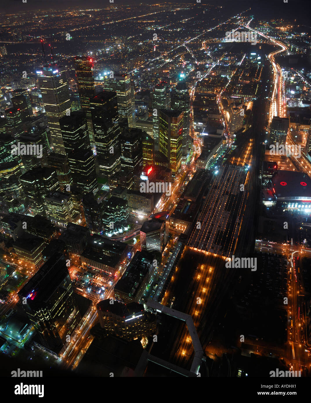 Aerial view of downtown Toronto financial towers looking east at night ...