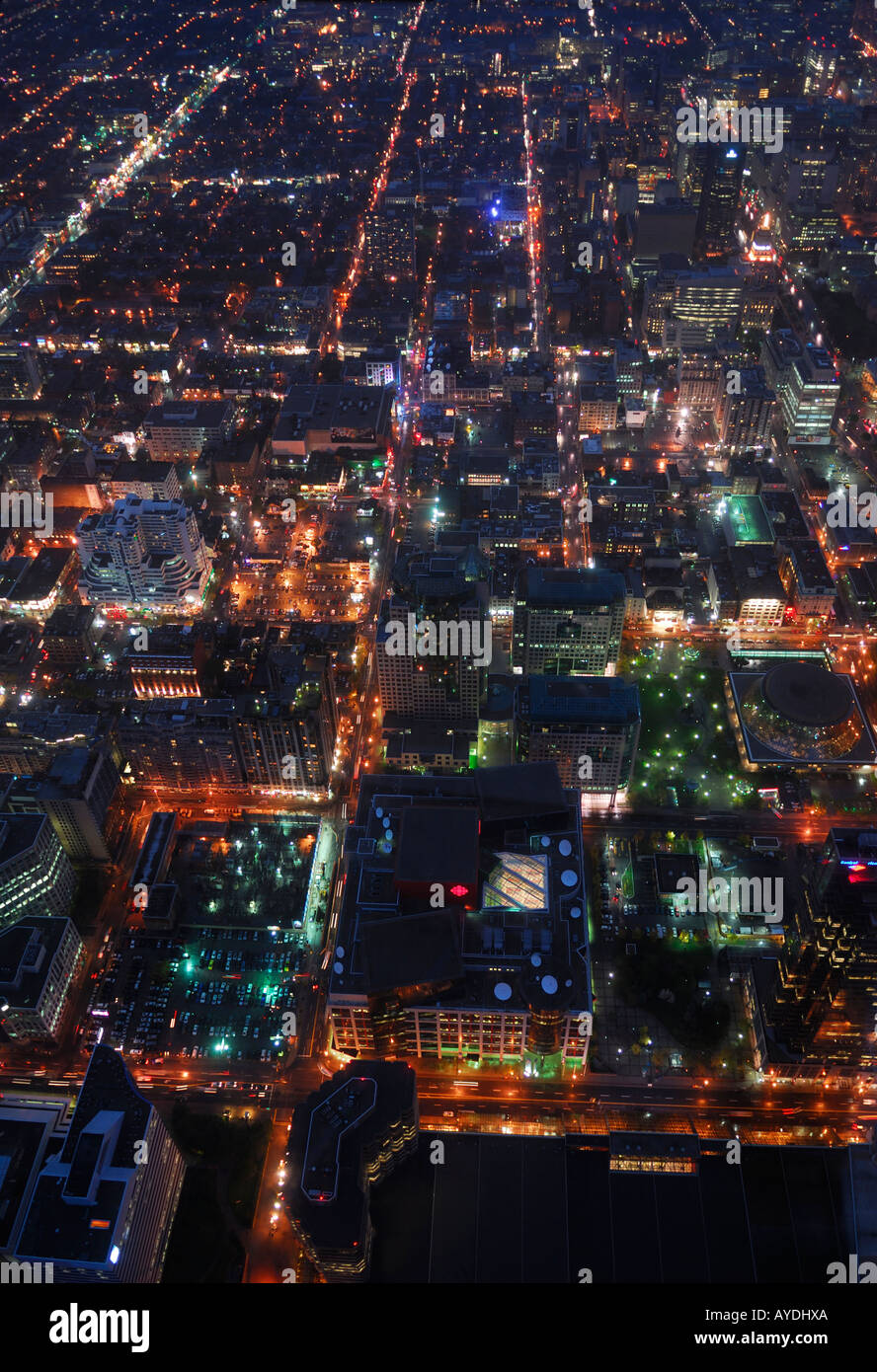 Aerial view of Toronto CBC building Metro and Roy Thomson Hall at night ...