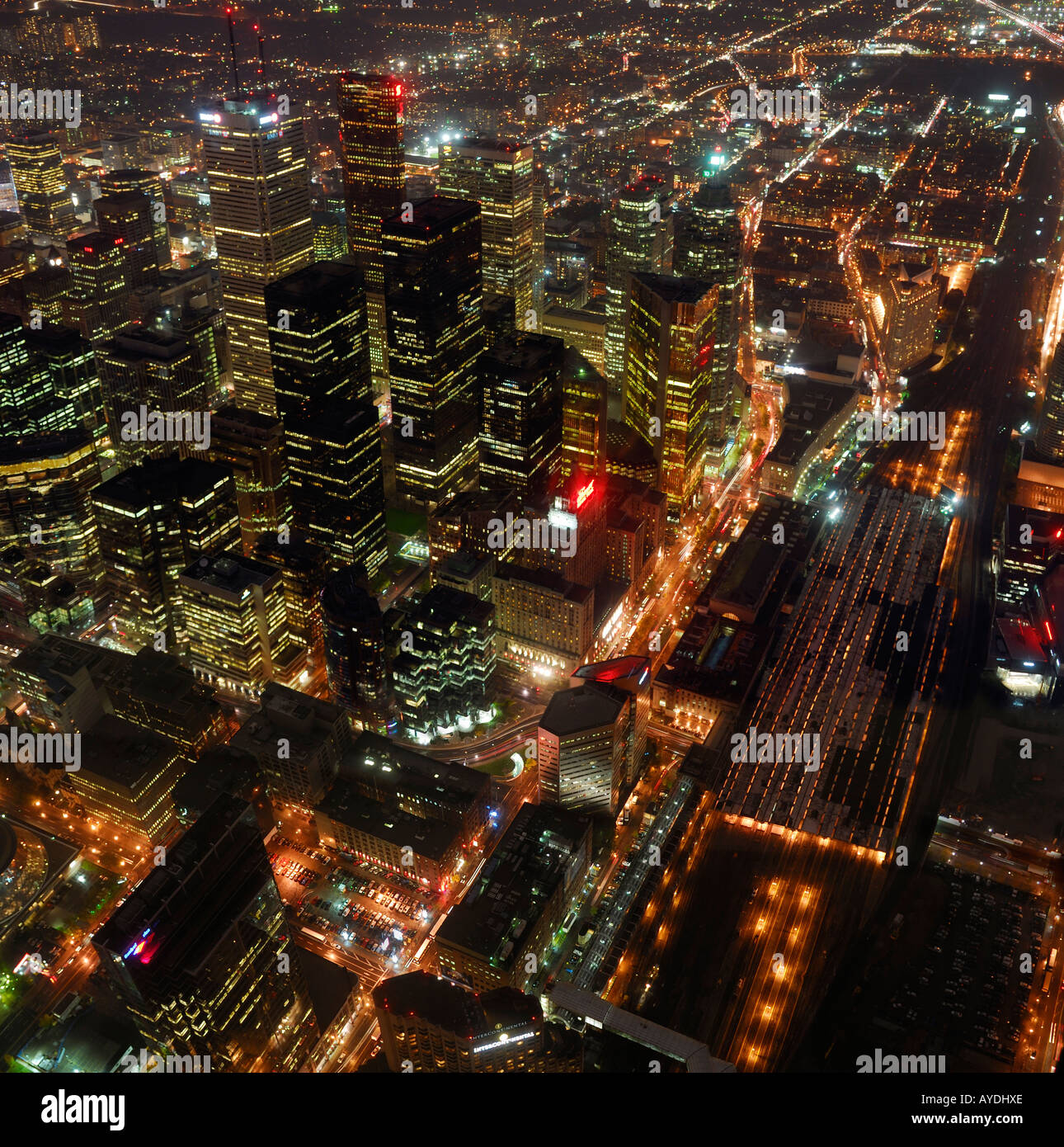 Aerial view of downtown Toronto rail station and financial towers at ...