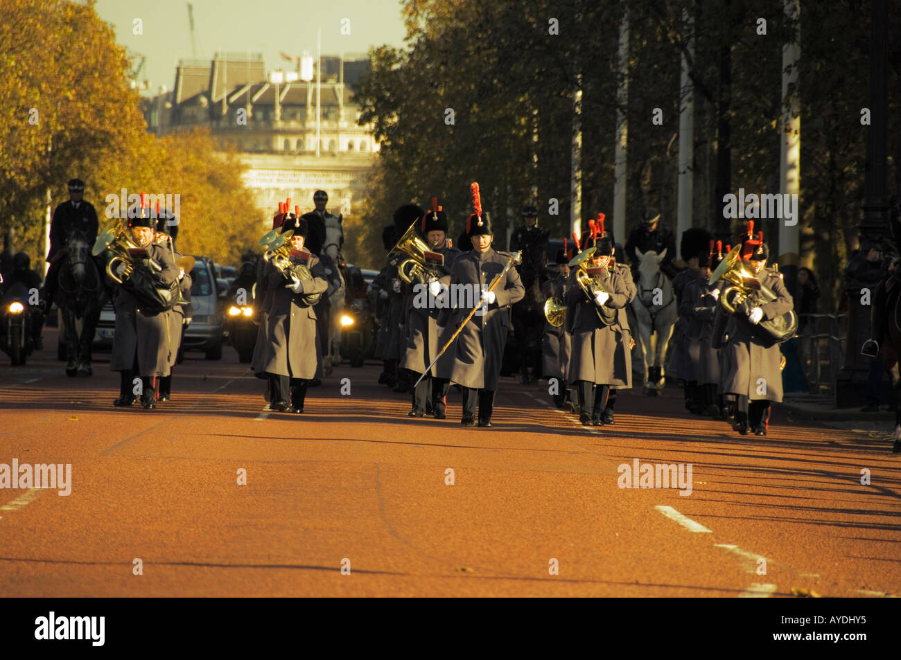 Military band marching down the Mall during the changing of the Guard ...