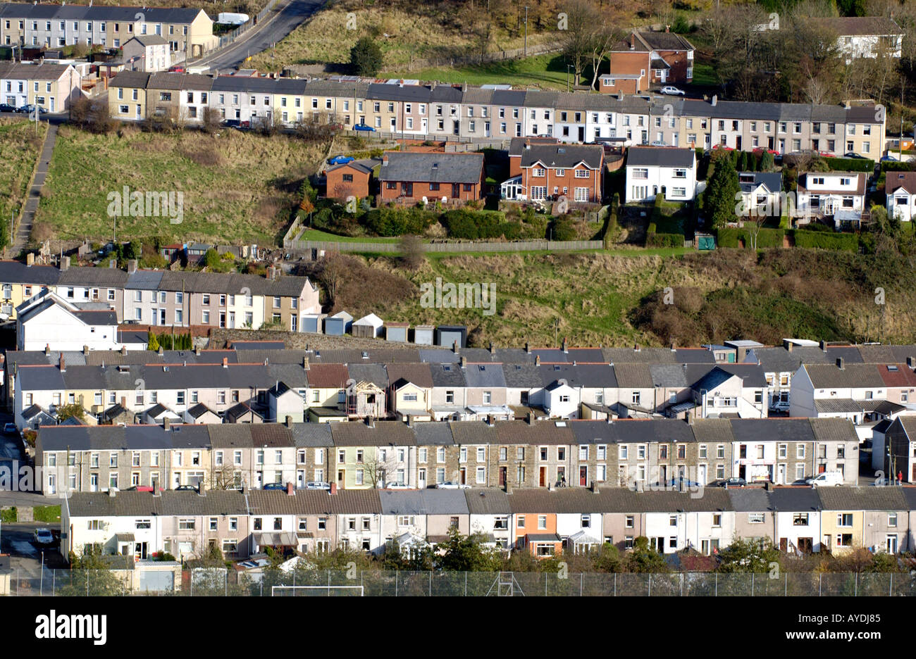 View over traditional industrial terraced houses in the town of ...