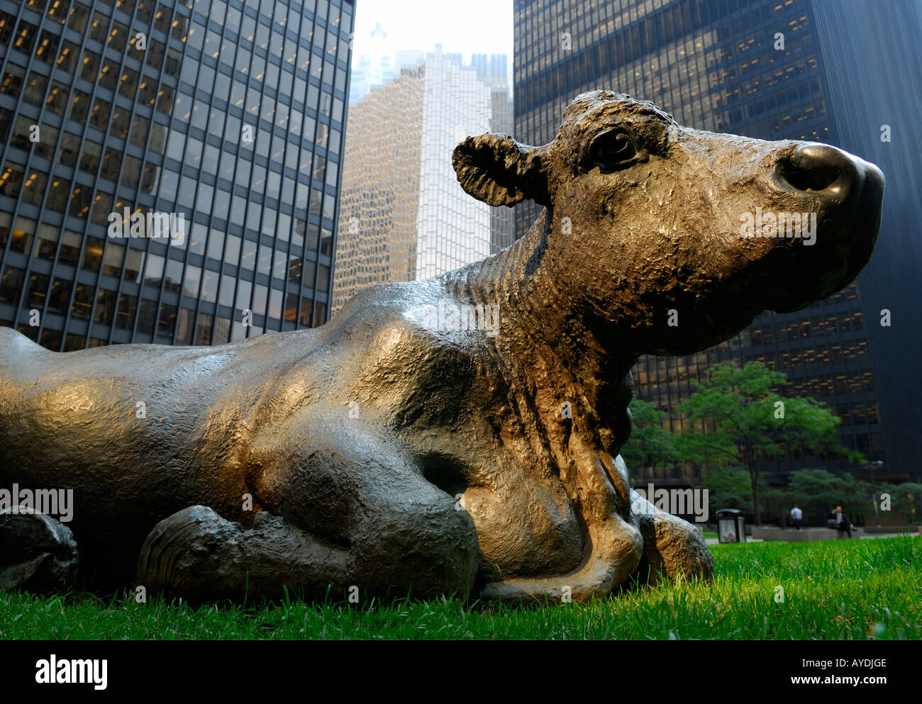 Bronze bull sculpture lying in grass among financial towers downtown ...