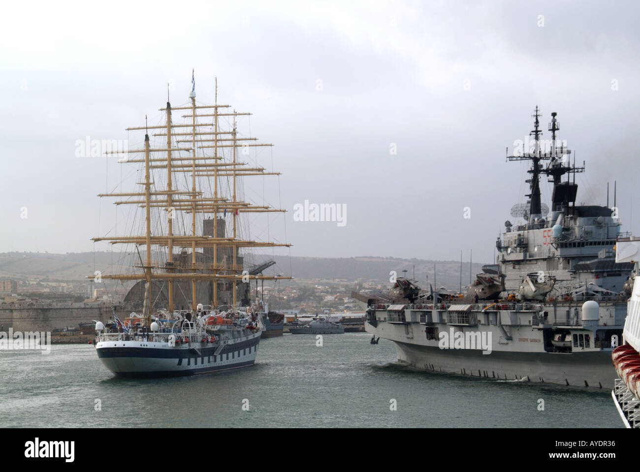 Port Civitavecchia aircraft carrier MM Garibaldi & cruise tall ship ...