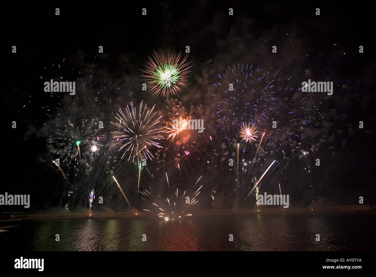 Summer firework display in the port of Vieste, Gargano, Italy Stock ...