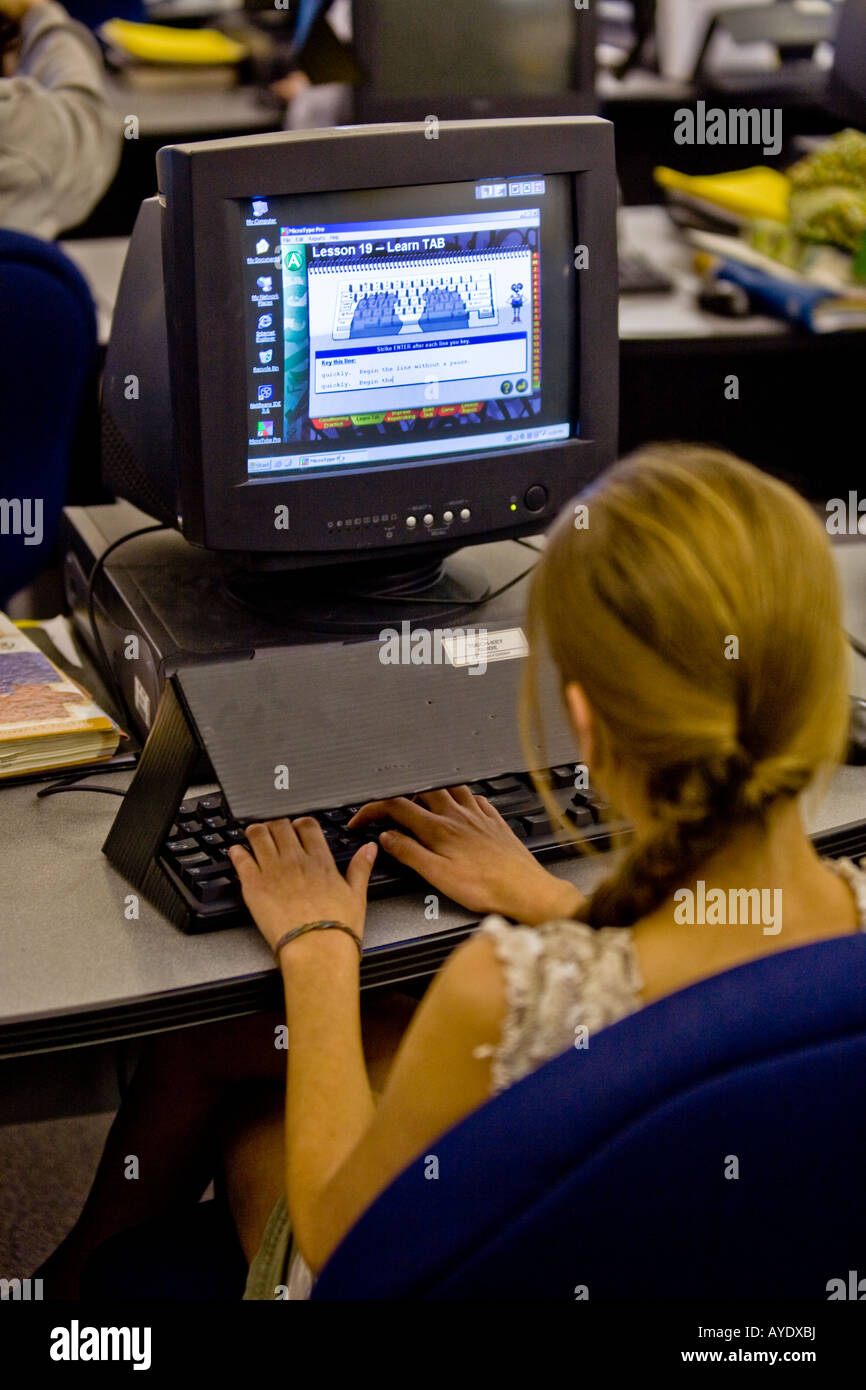 High school student learns touch typing on computer Stock Photo - Alamy