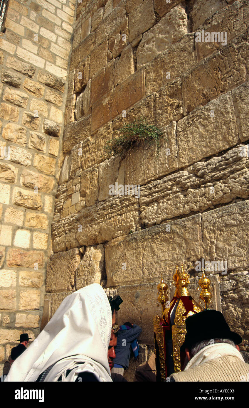 Israel Jerusalem Old City Western Wall Jews praying with Thora scrolls ...