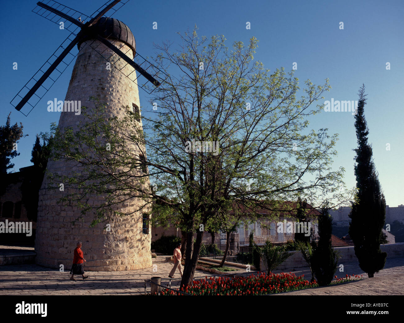 Israel Jerusalem Yemin Moshe quarter Montefiori Mill view with tree and ...