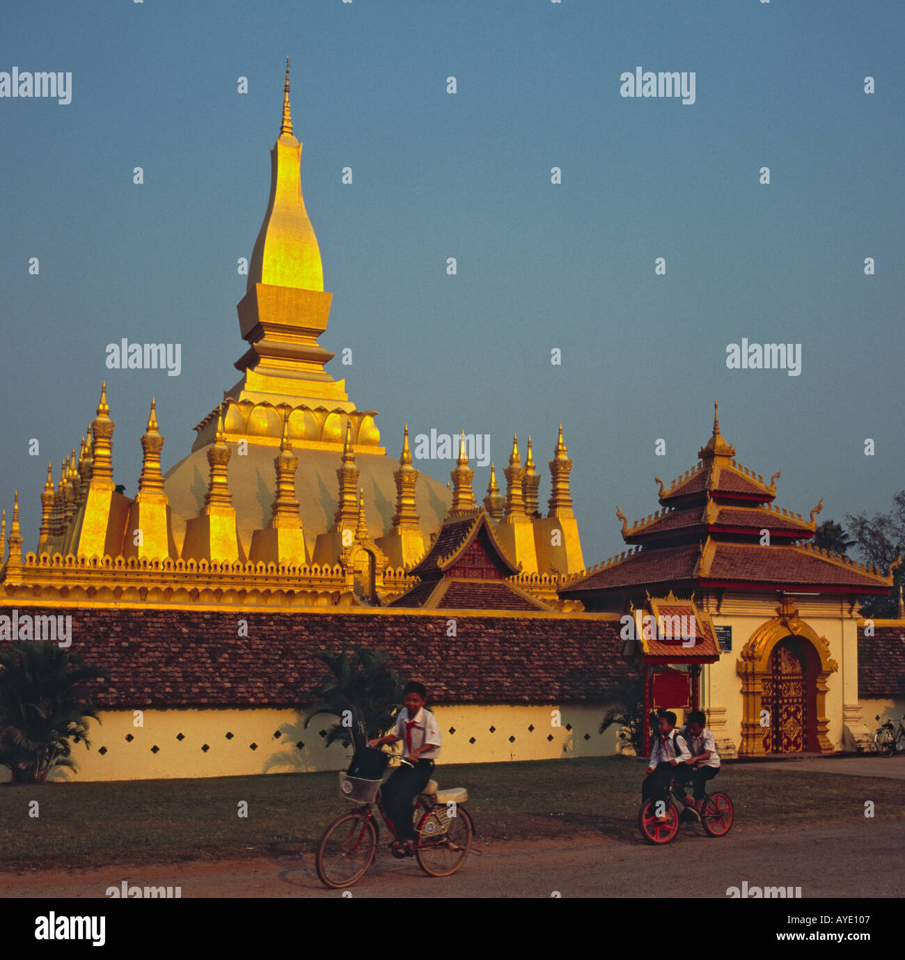 Laos Ventiane Pha That Luang Great Sacred Shrine View with school ...