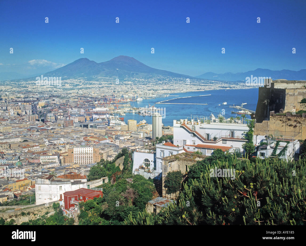 Naples Italy View over city and bay of Naples Mount Vesuvius volcano ...
