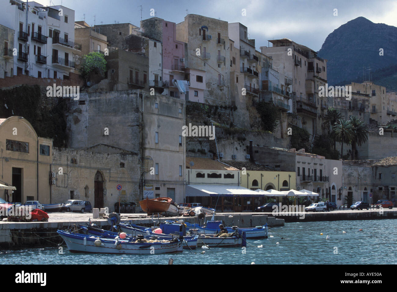 Town Castellamare and harbor with fishing boats Island Sicily Italy ...