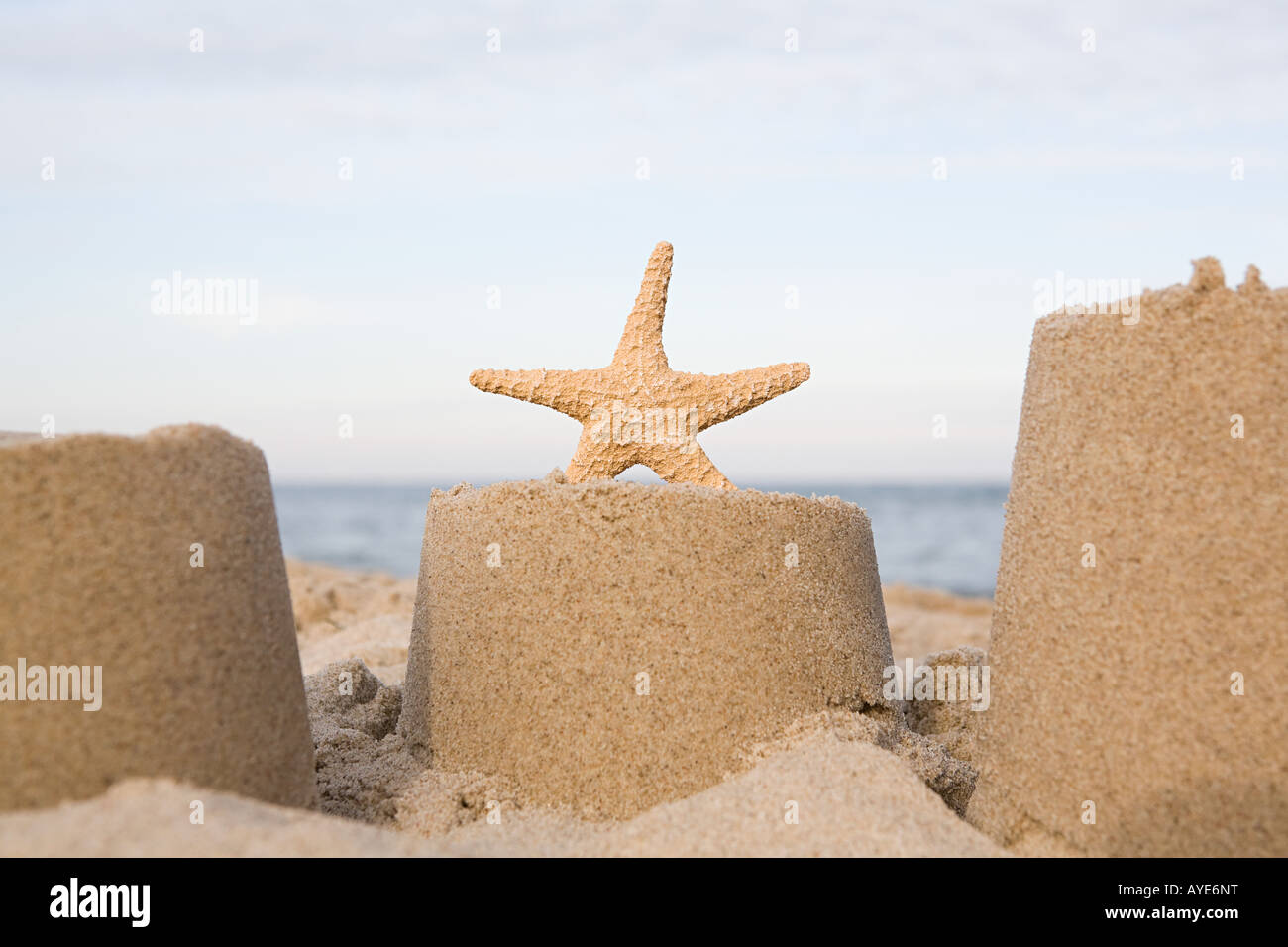 Starfish and a sand castle Stock Photo - Alamy