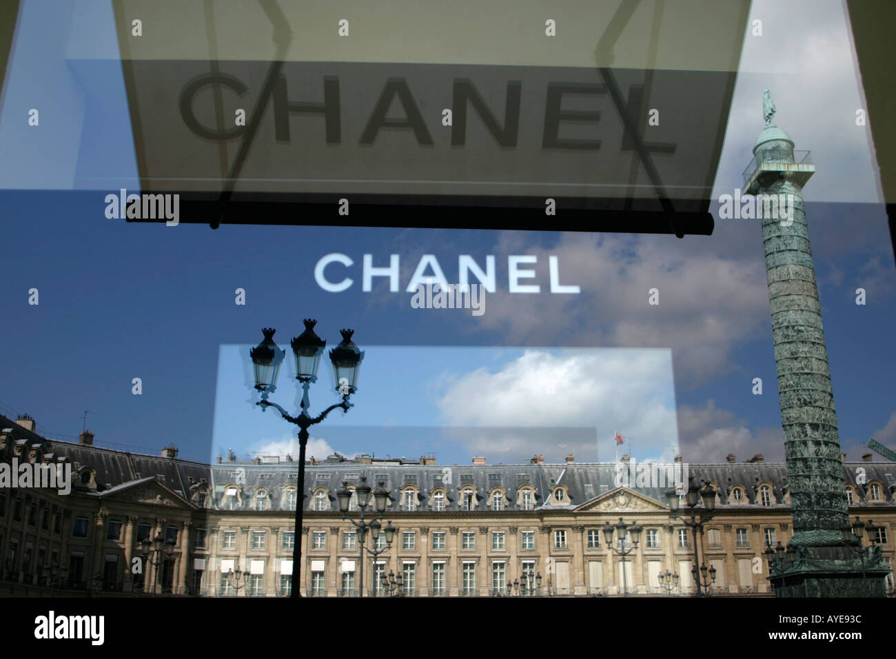 Place Vendome reflected in the window of a Chanel Boutique Paris France ...
