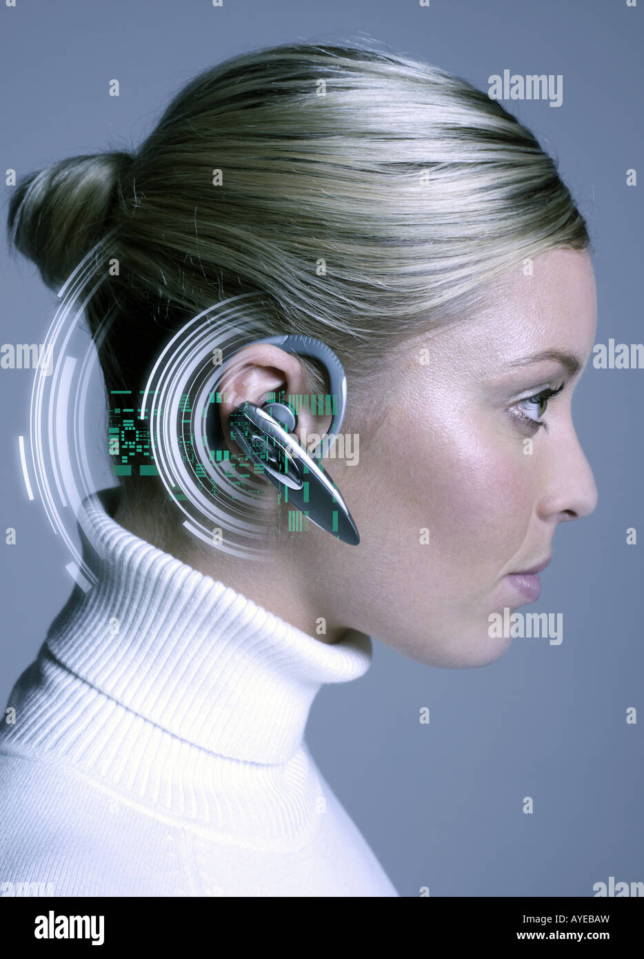 Woman wearing hands free device Stock Photo - Alamy
