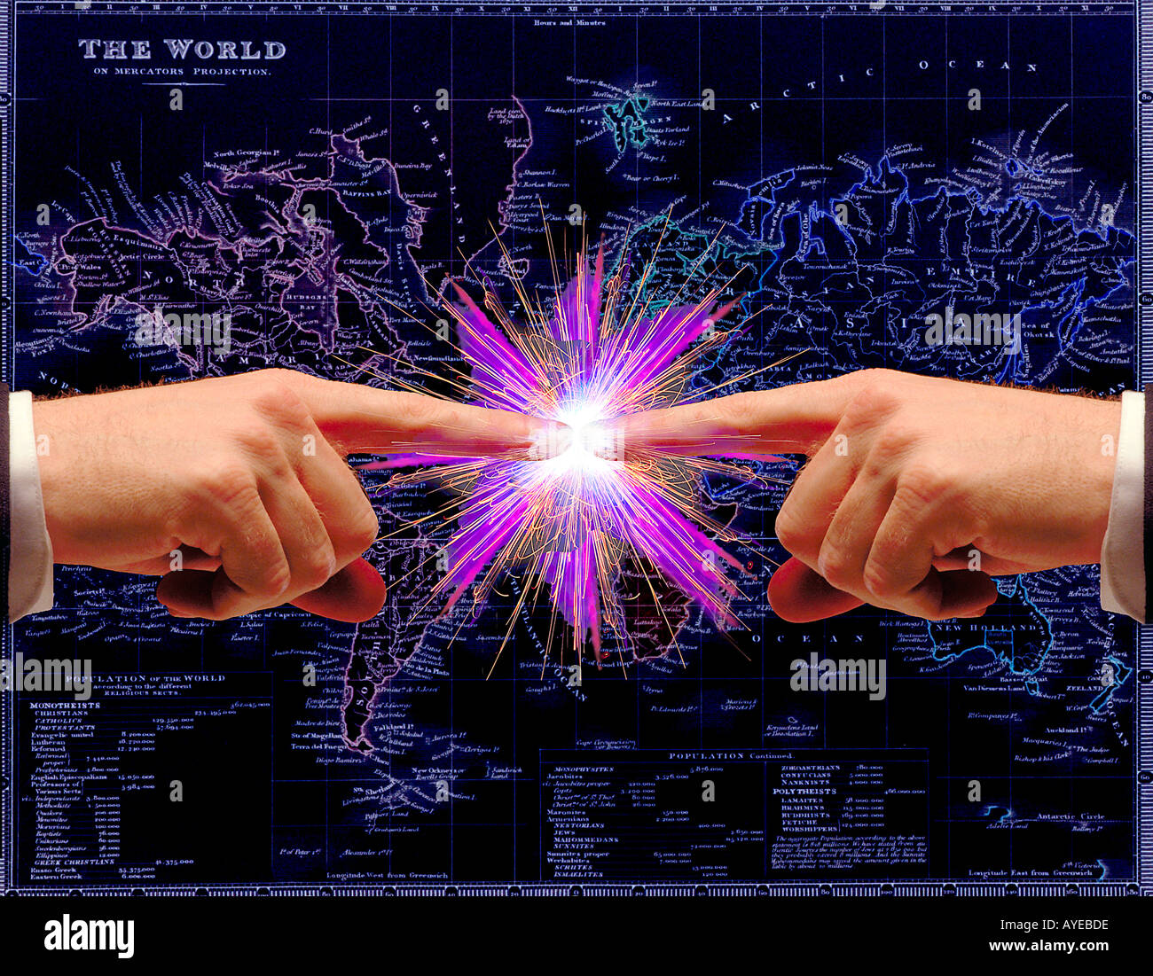 two hands touching with sparks and world map Stock Photo - Alamy