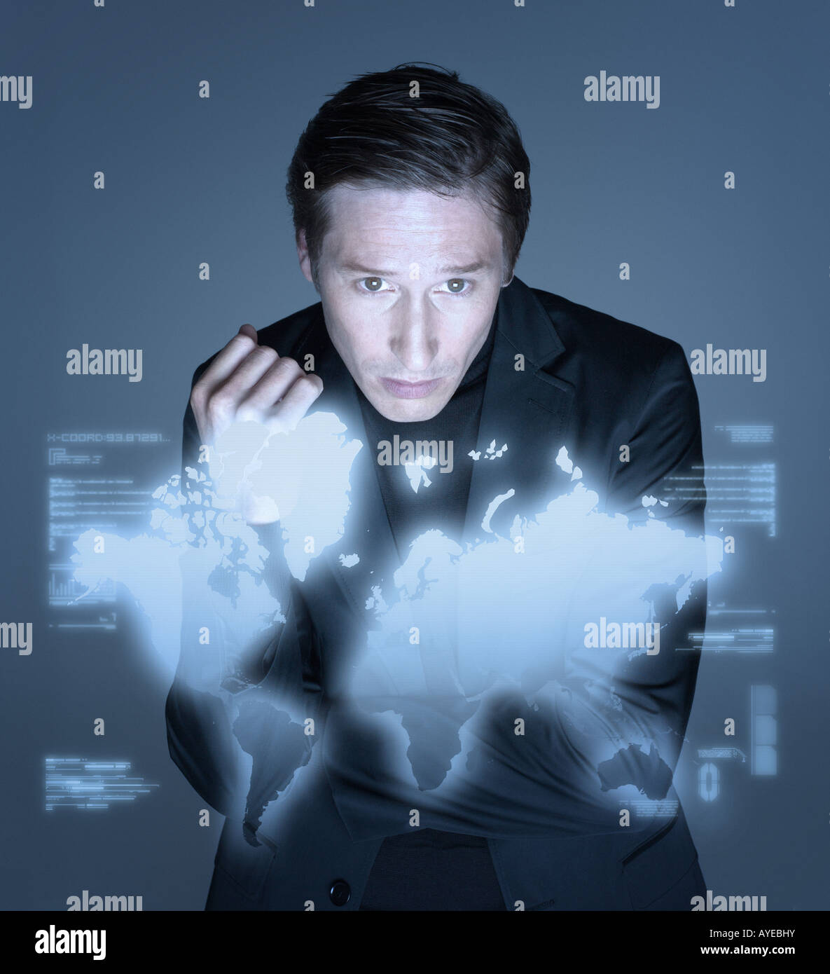 Man and world on screen Stock Photo - Alamy