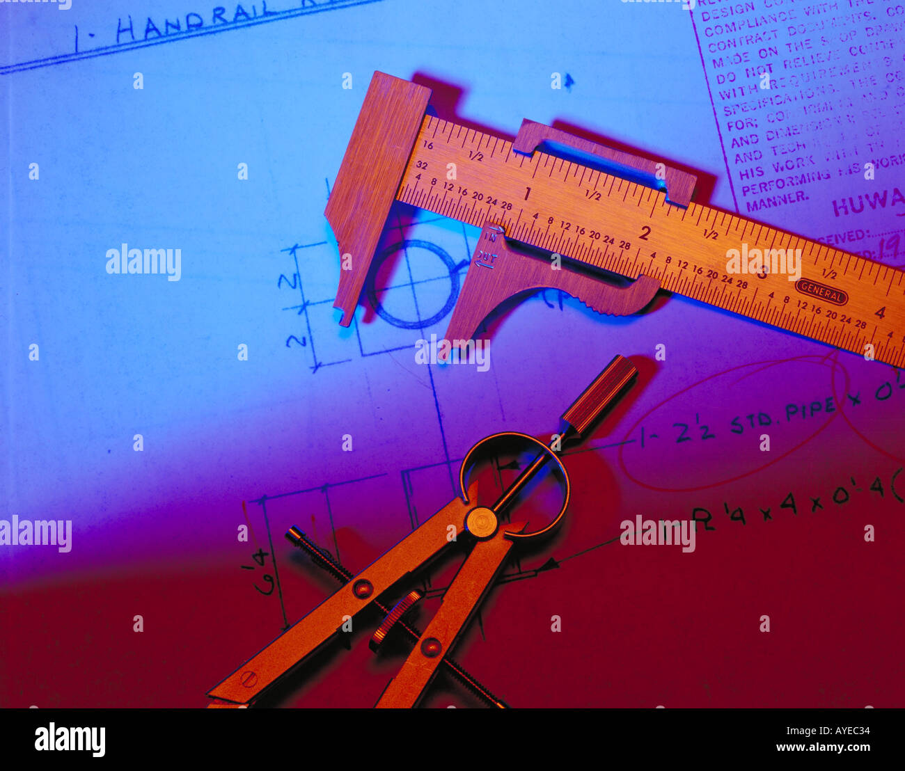 calipers and drafting tools on blueprints Stock Photo - Alamy