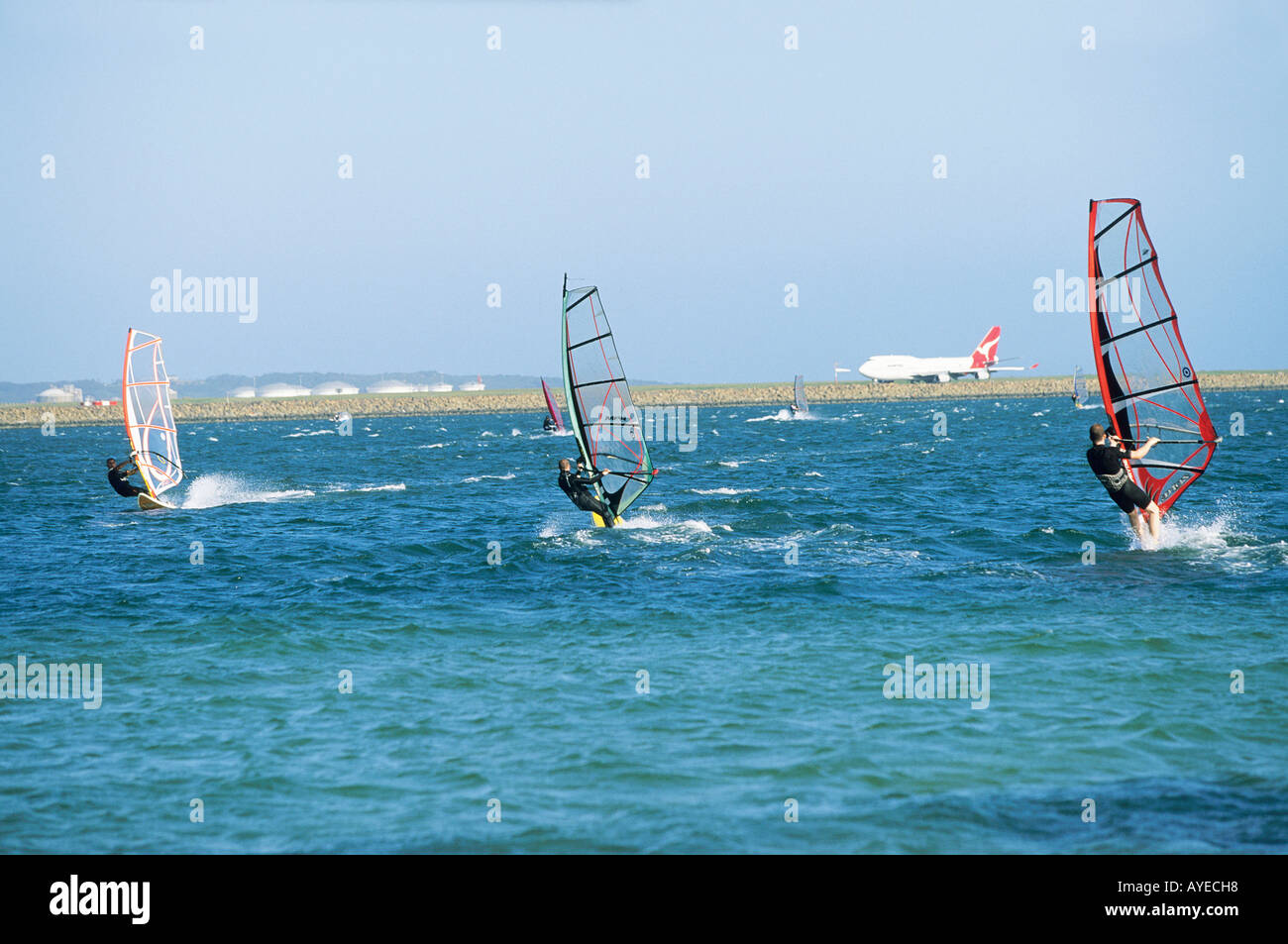 Wind Surfing at Botany Bay Sydney Quantus aircraft in the background ...
