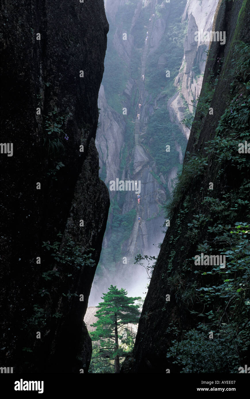 Sheer cliffs and path on Mt Huangshan Yellow Mountain Anhui Province ...