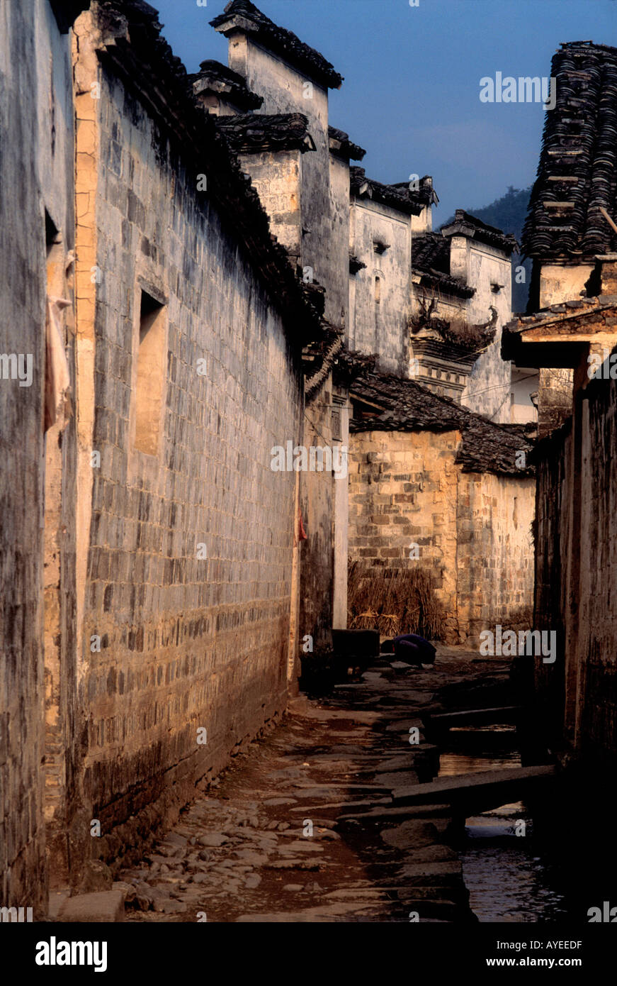 Ancient town of Huizhou styled architecture with water canal along the ...