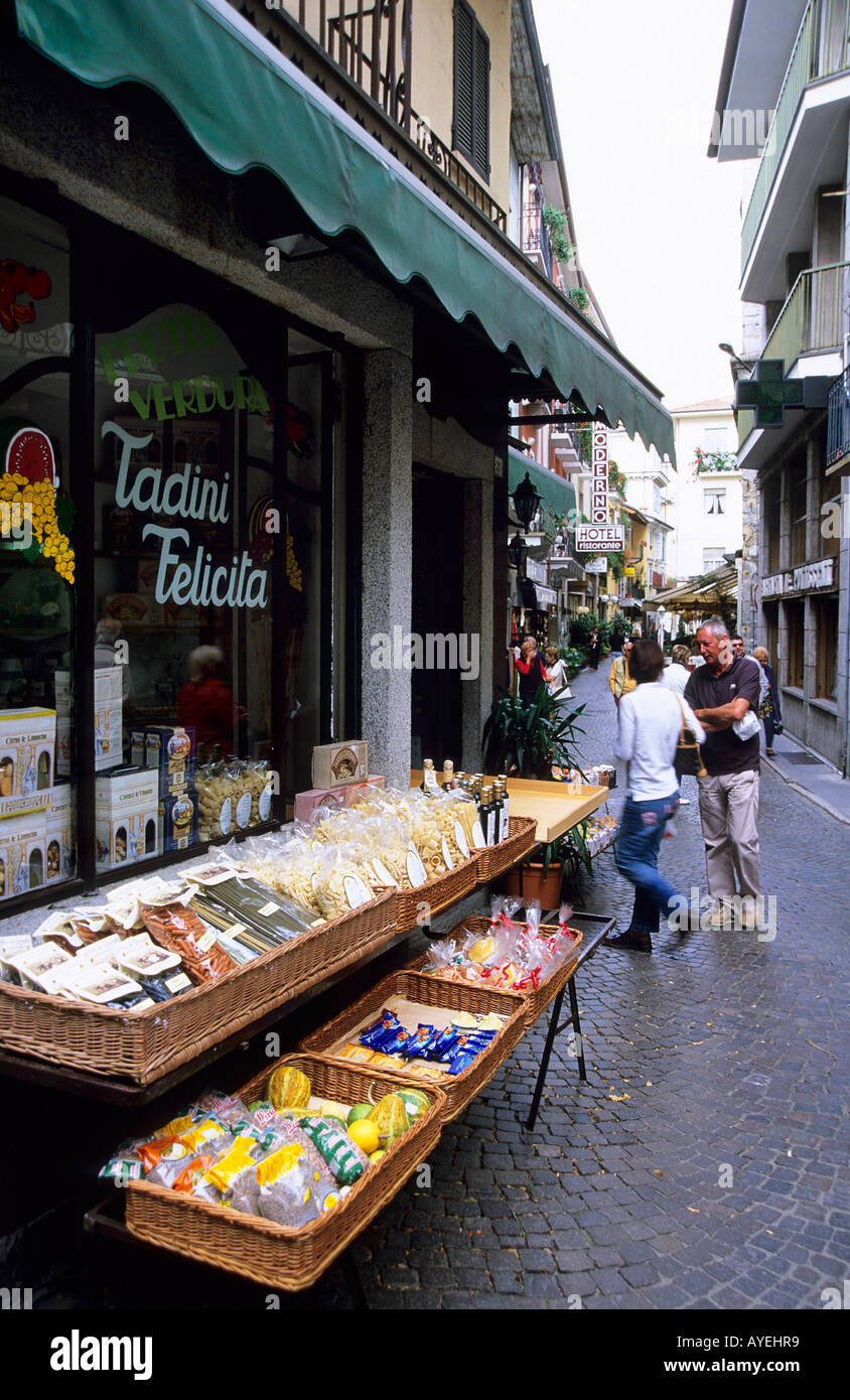 Shopping street and pasta stall in Stresa Lago Maggiore Stock Photo - Alamy