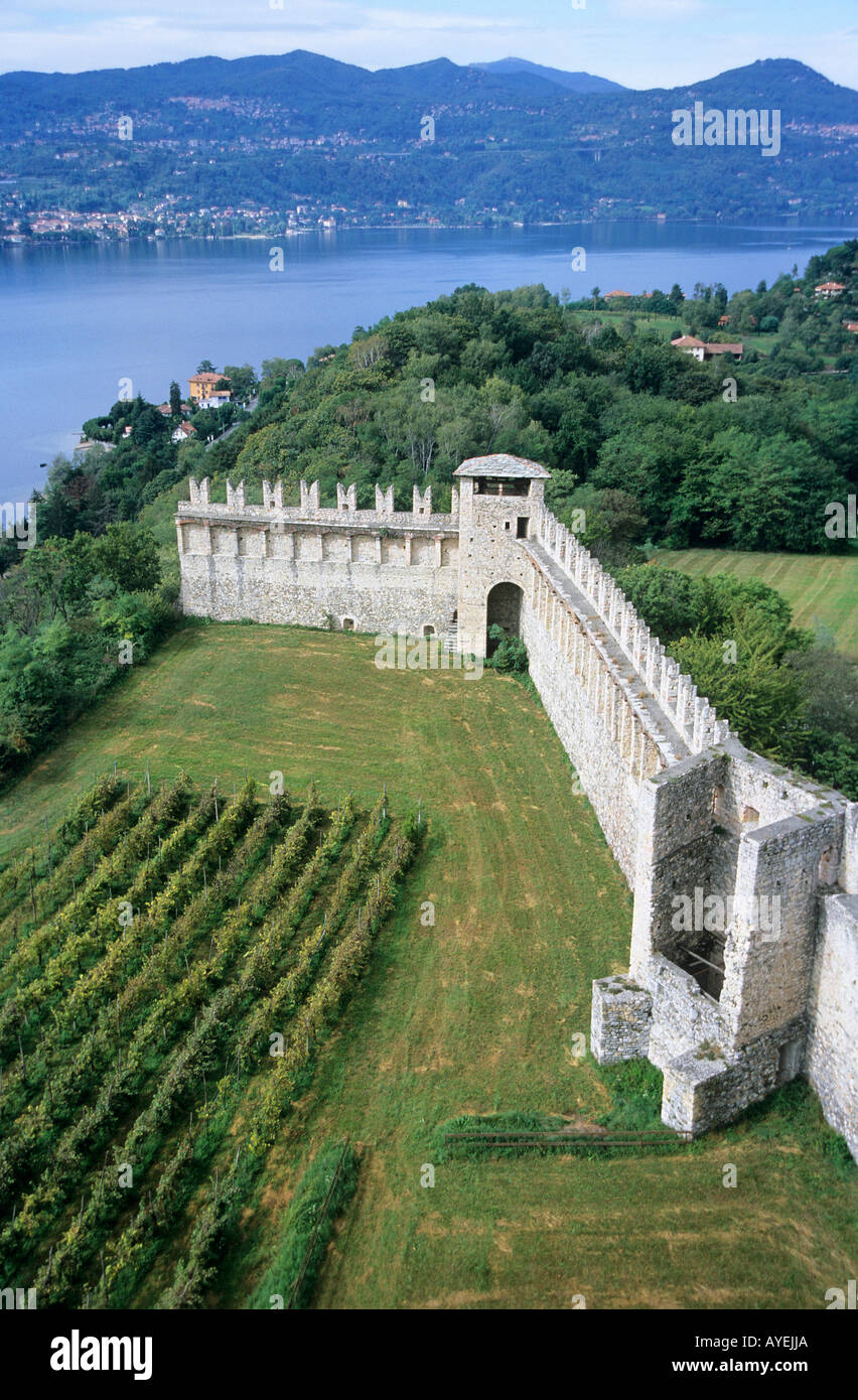 Castle Rocca walls and vineyards of Angera on the east side of Lago ...