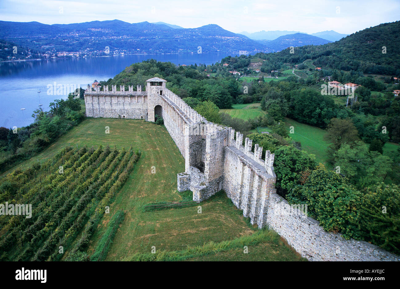 Castle Rocca walls and vineyards of Angera on the east side of Lago ...