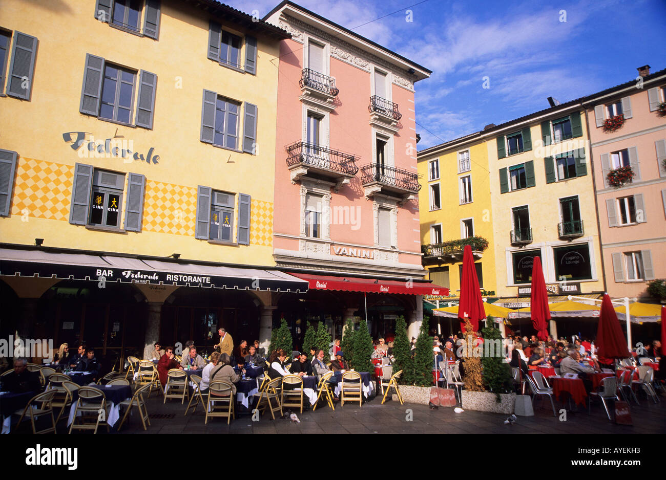 Colourful cafe scene showing Bar and Ristorante Federale and Vanini ...