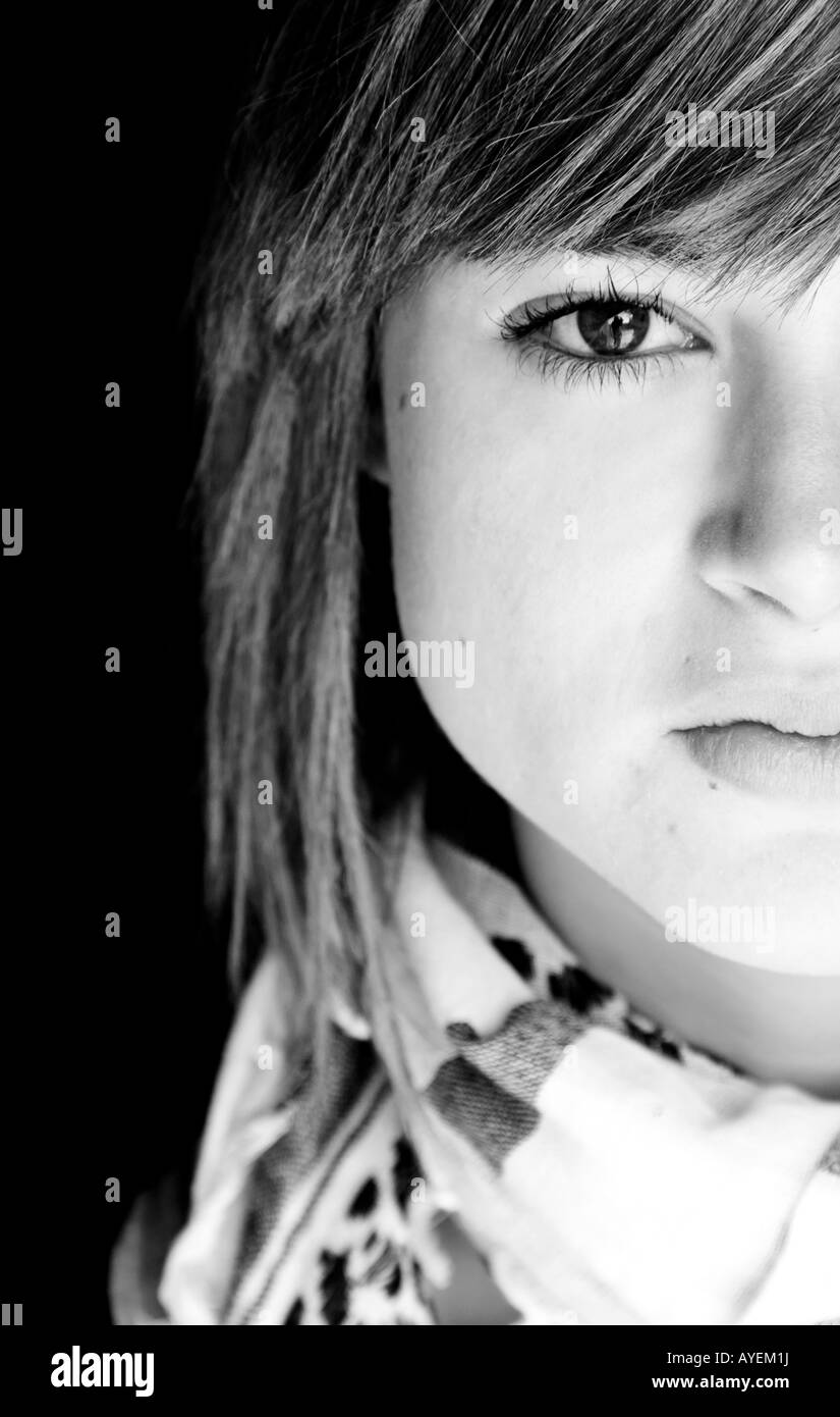 Half face woman portrait in black and white Isolation on black Stock ...