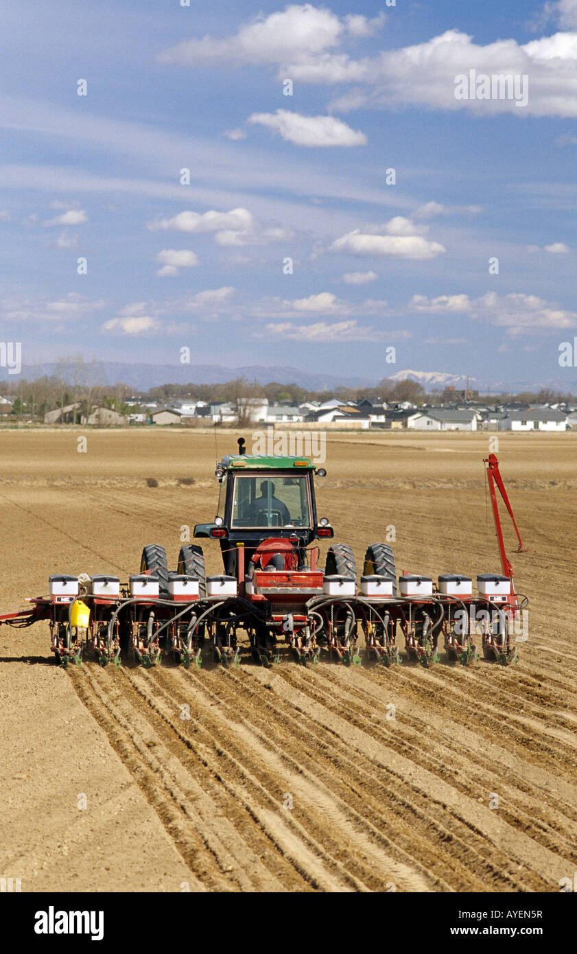 Tractor pulling a seed corn planter Stock Photo - Alamy