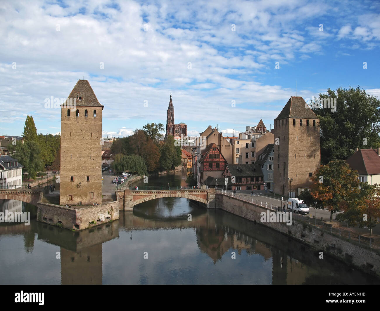 Strasbourg skyline, Ponts Couverts bridge, covered bridges, Ill river ...