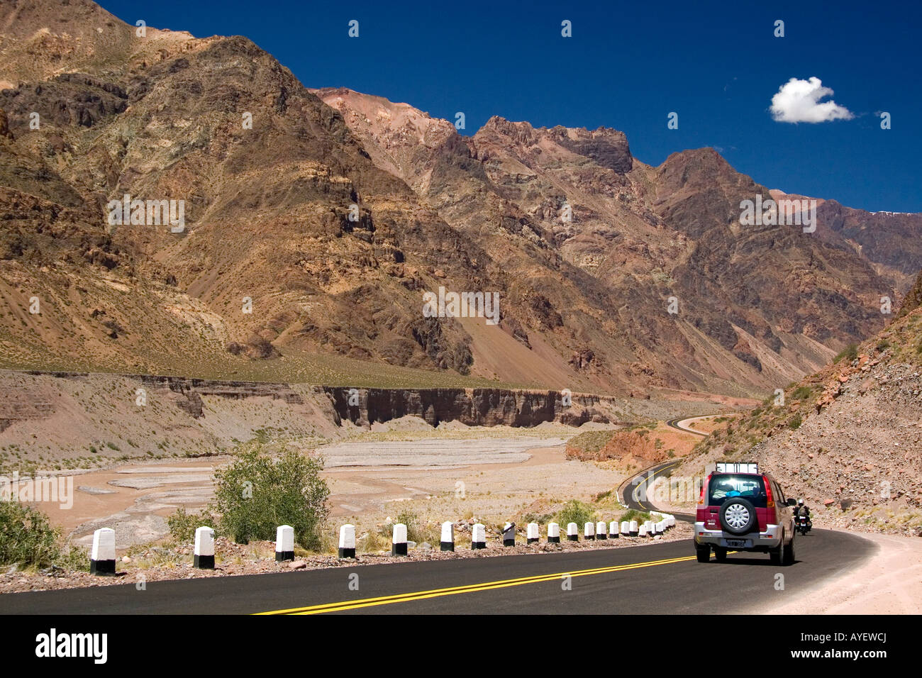 Vehicles drive on a highway along the Mendoza River in the Andes ...