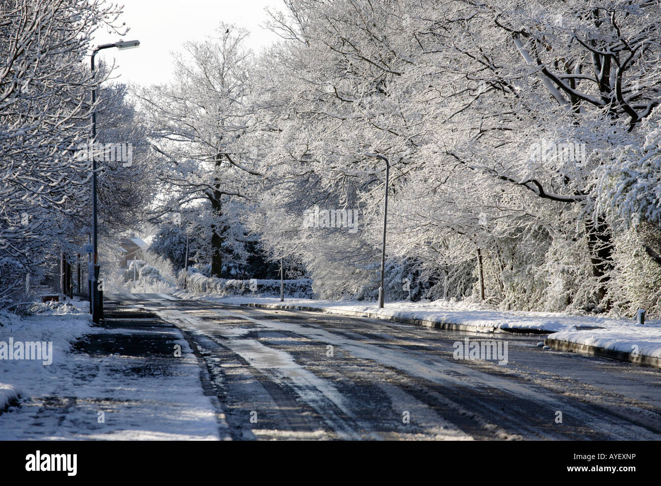 A road in Redditch, Worcestershire, UK, after a snow fall in April ...