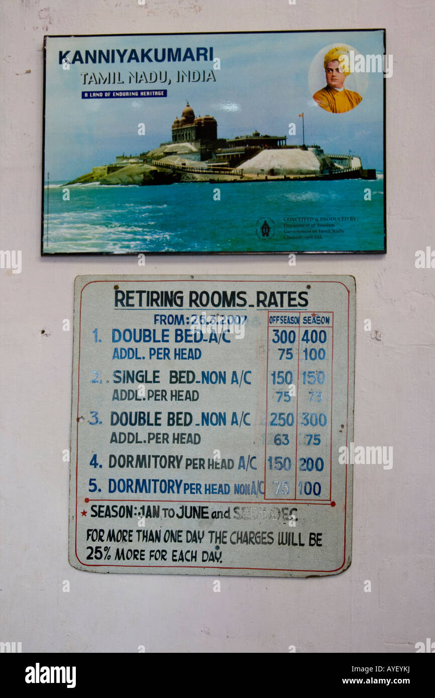Advertisement for Kanniyakumari and Room Rates Sign at the Railroad ...