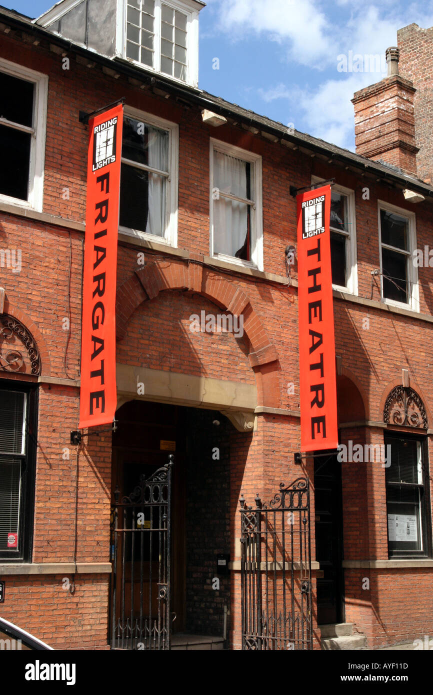 Exterior of Friargate Theatre York with bright red banners and entrance ...