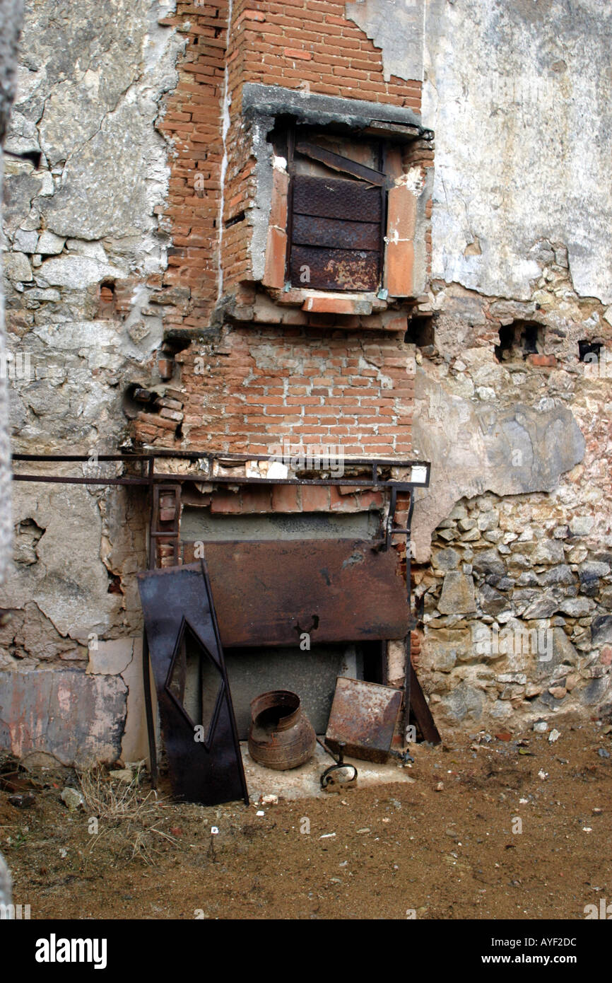 Fireplace remains at Oradour sur Glane preserved Limousin village scene ...