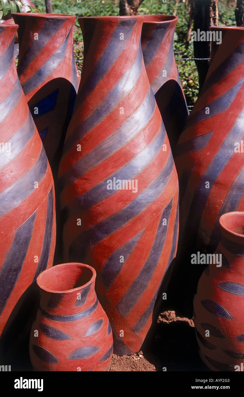Detail of traditional distinctive red and black striped pottery of the ...
