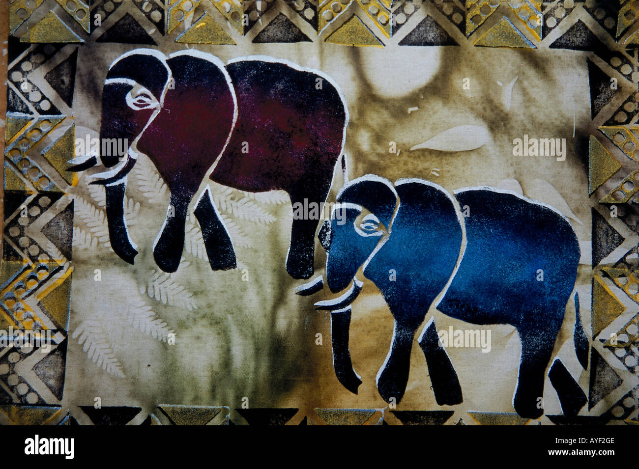 Detail of a batik design depicting elephants a traditional craft made ...