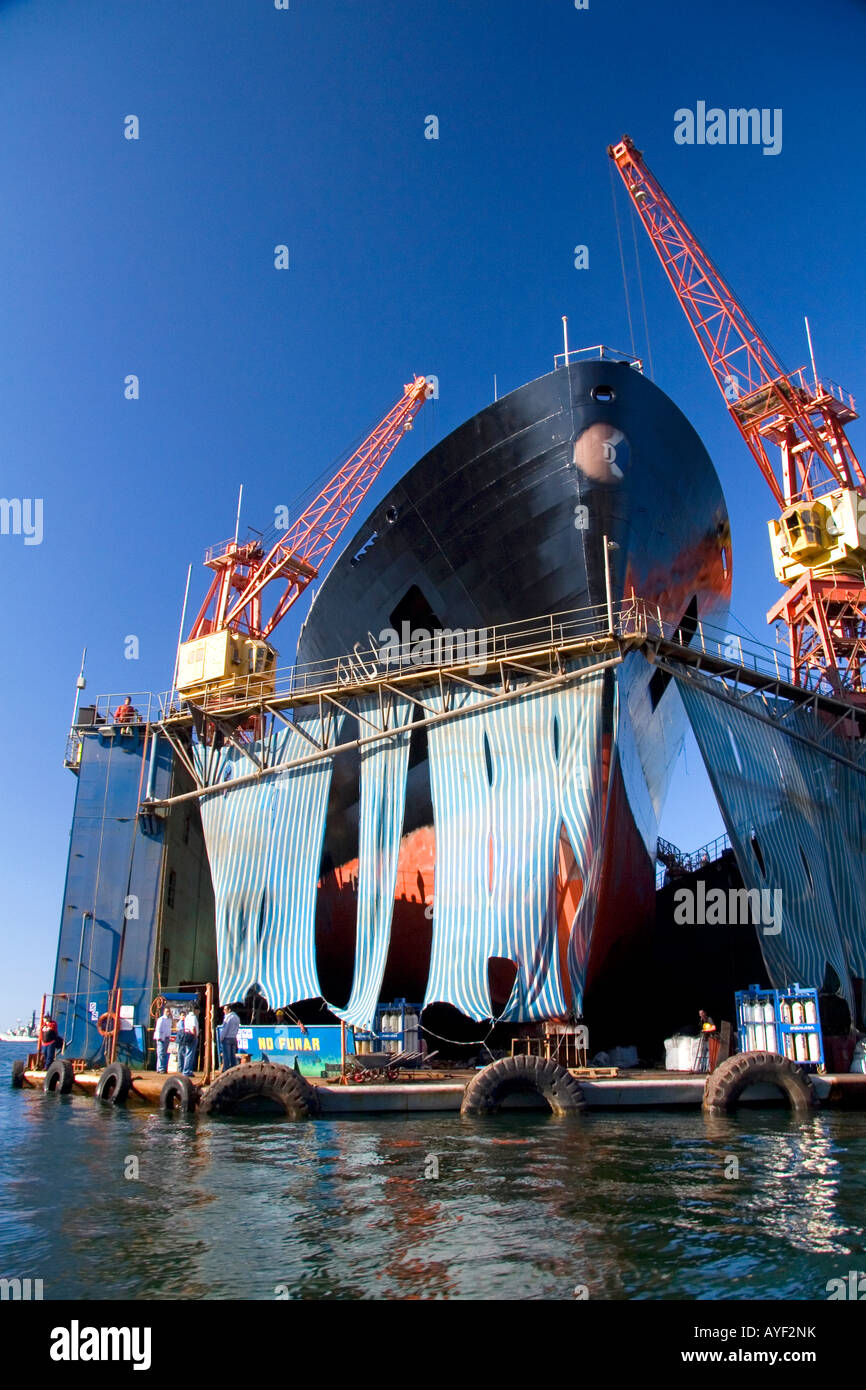 Floating dry dock with container ship in the Port at Valparaiso Chile ...