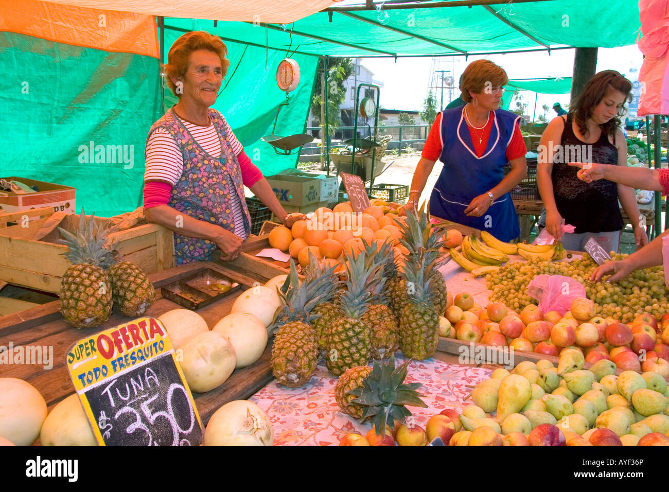 Woman selling produce at an outdoor market in Valparaiso Chile Stock ...
