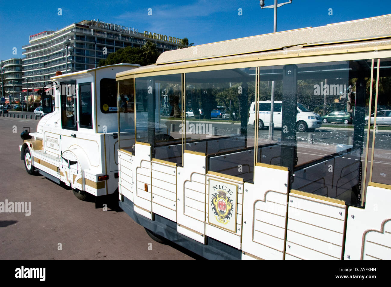 Tourist train is a popular way to view Nice, South France Stock Photo ...