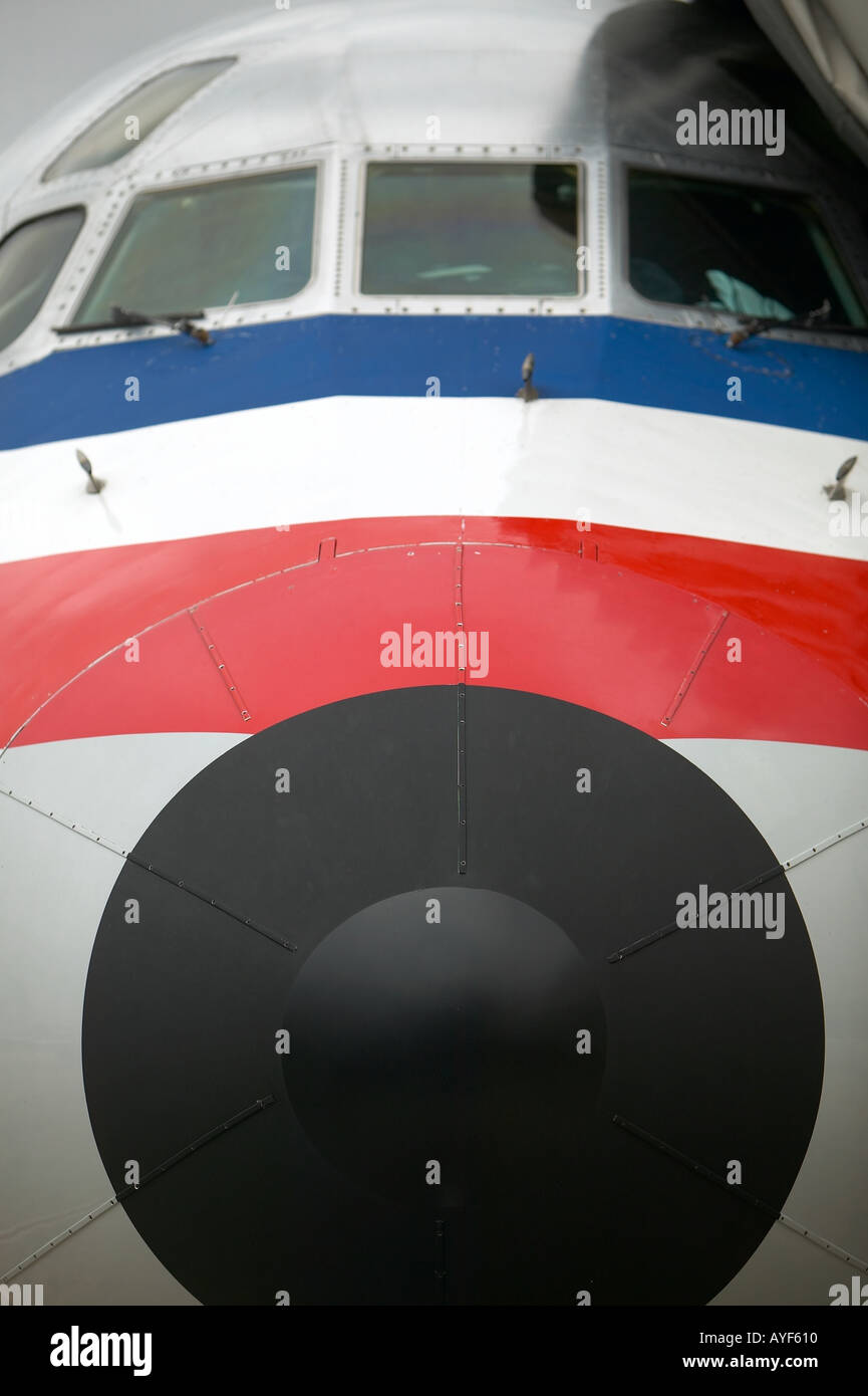 Frontal view of nose and cockpit of an American Airline airplane Stock ...