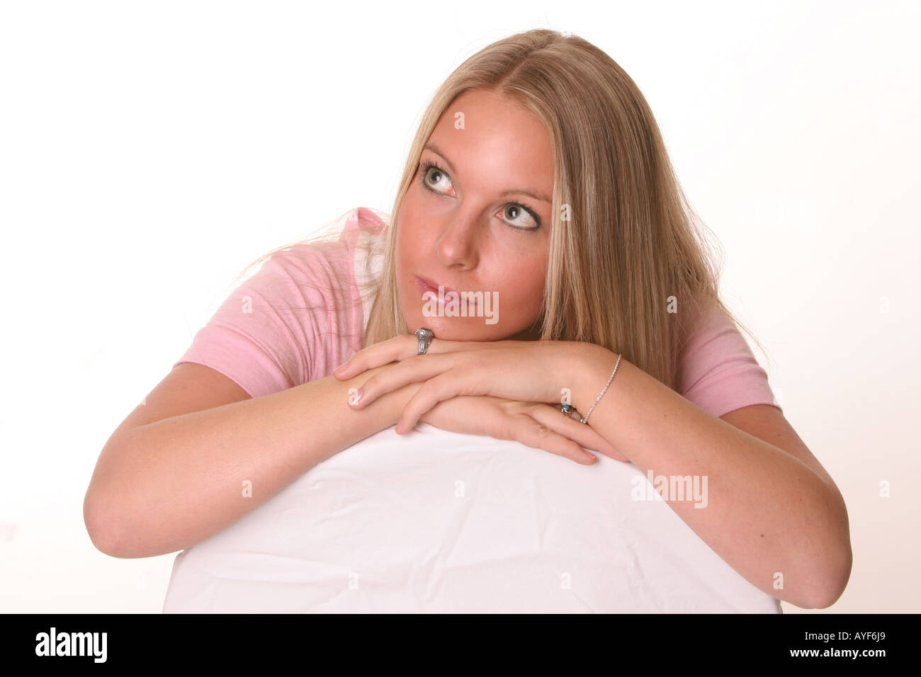 blonde thinking in pink Stock Photo - Alamy
