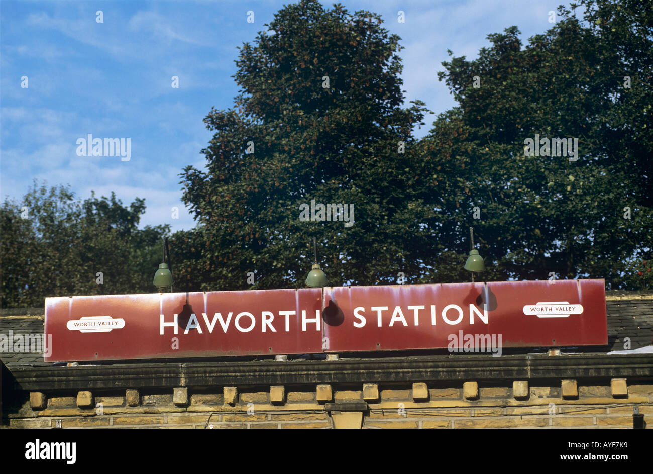 Detail of Haworth railway station name sign above doorway of station ...