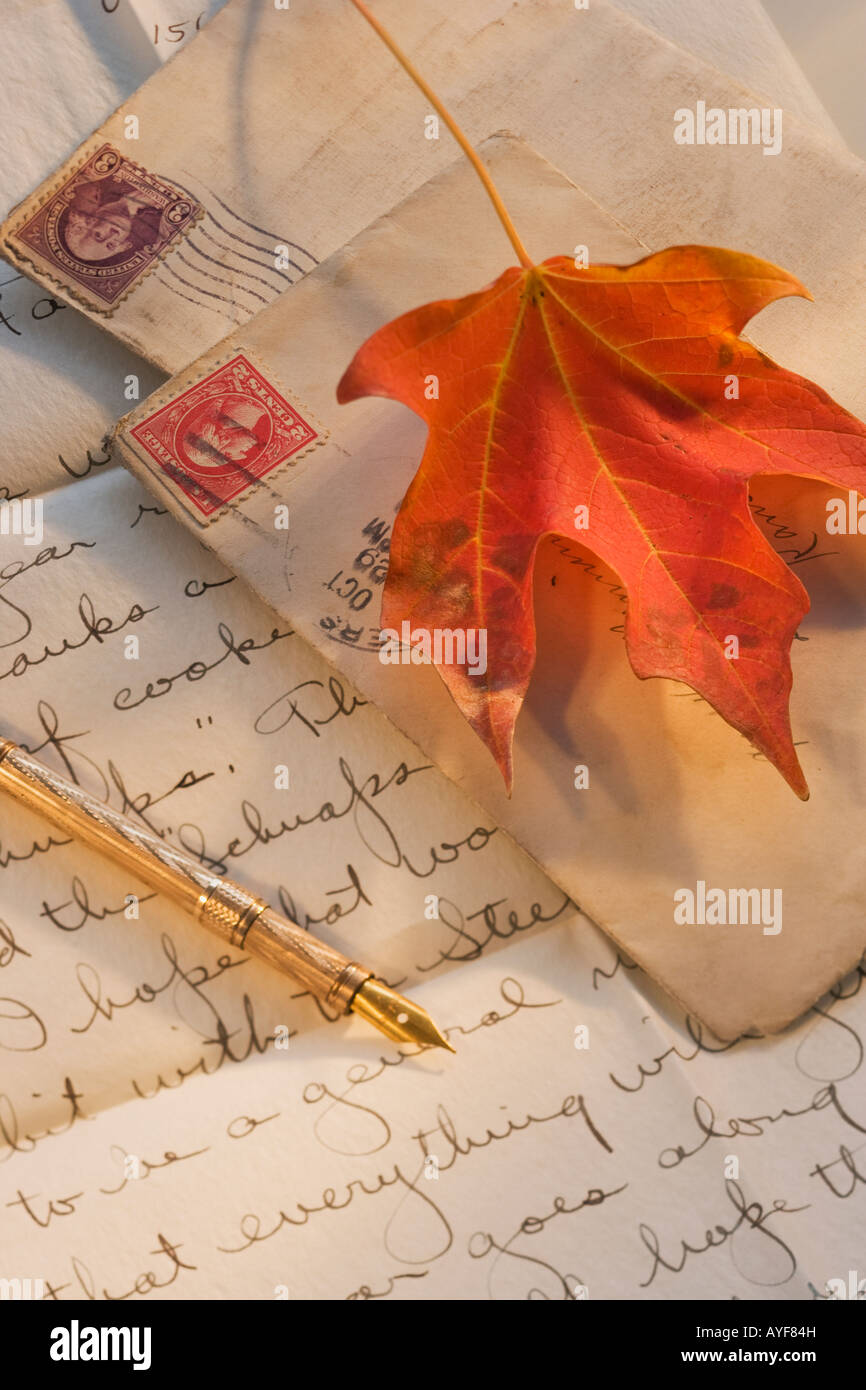 Autumn leaf on old-fashioned letters Stock Photo - Alamy