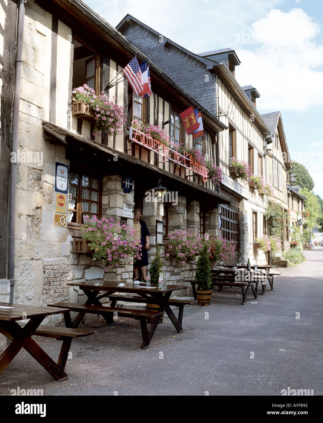 Traditional Normandy half timbered architecture of an auberge in Le Bec ...