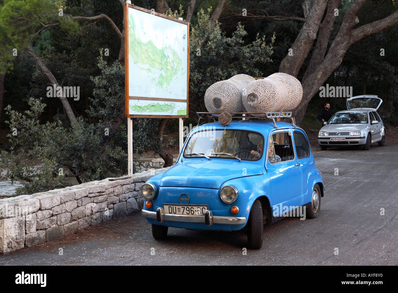 Fiat 600 car loaded with 'ancient' fishing baskets, Mljet National Park ...